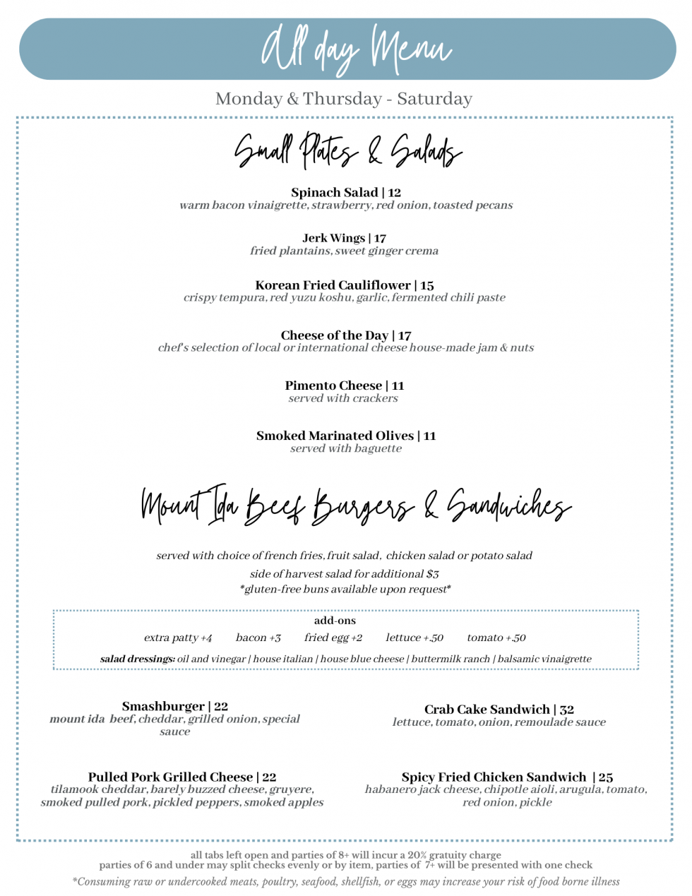 monday + thursday – saturday